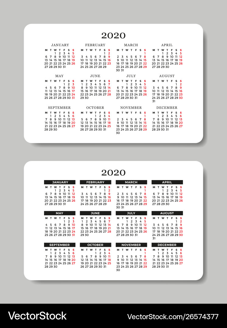 Calendar 2020 design template Royalty Free Vector Image