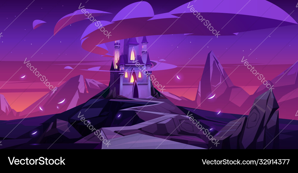 Cartoon magic castle in mountains at night Vector Image