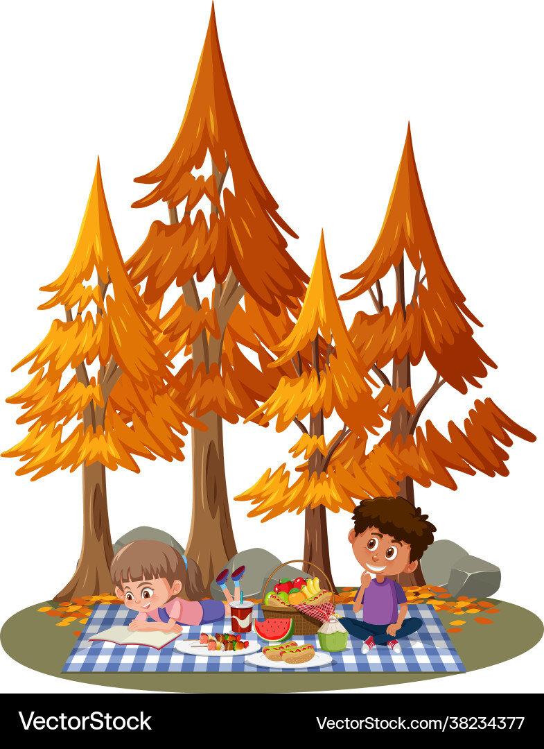 Children doing picnic in park with many Royalty Free Vector