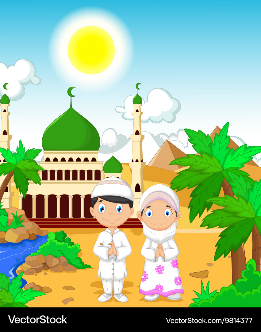 Funny two muslims in front mosque landscape bac Vector Image