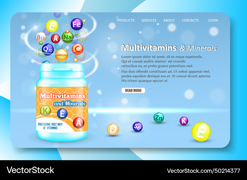 Multivitamins and minerals landing page website Vector Image