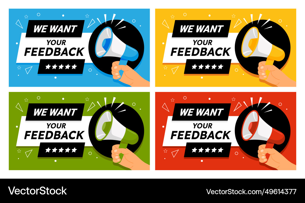 We want your feedback banner with hand holding Vector Image