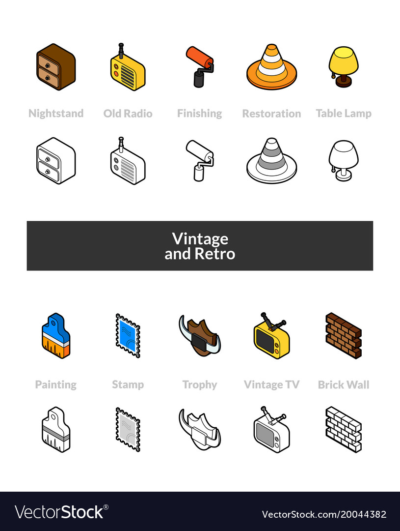 Set of isometric icons in outline style colored Vector Image