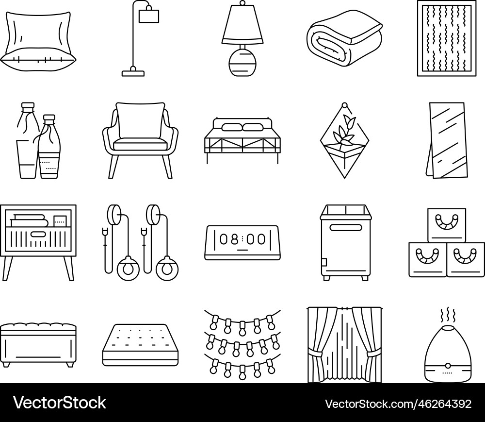 Bedroom room interior bed icons set Royalty Free Vector