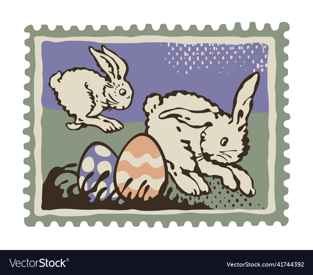 Easters postage stamp with jumping rabbits Vector Image
