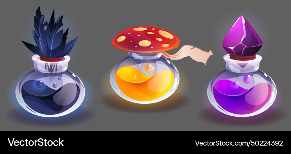 Glass bottles with magic colorful potion Vector Image