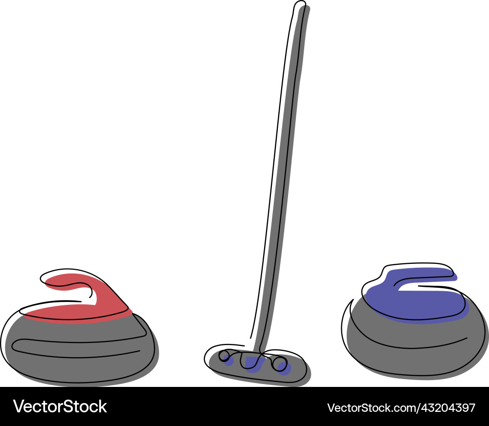 Curling set with broom and stone colored one line Vector Image