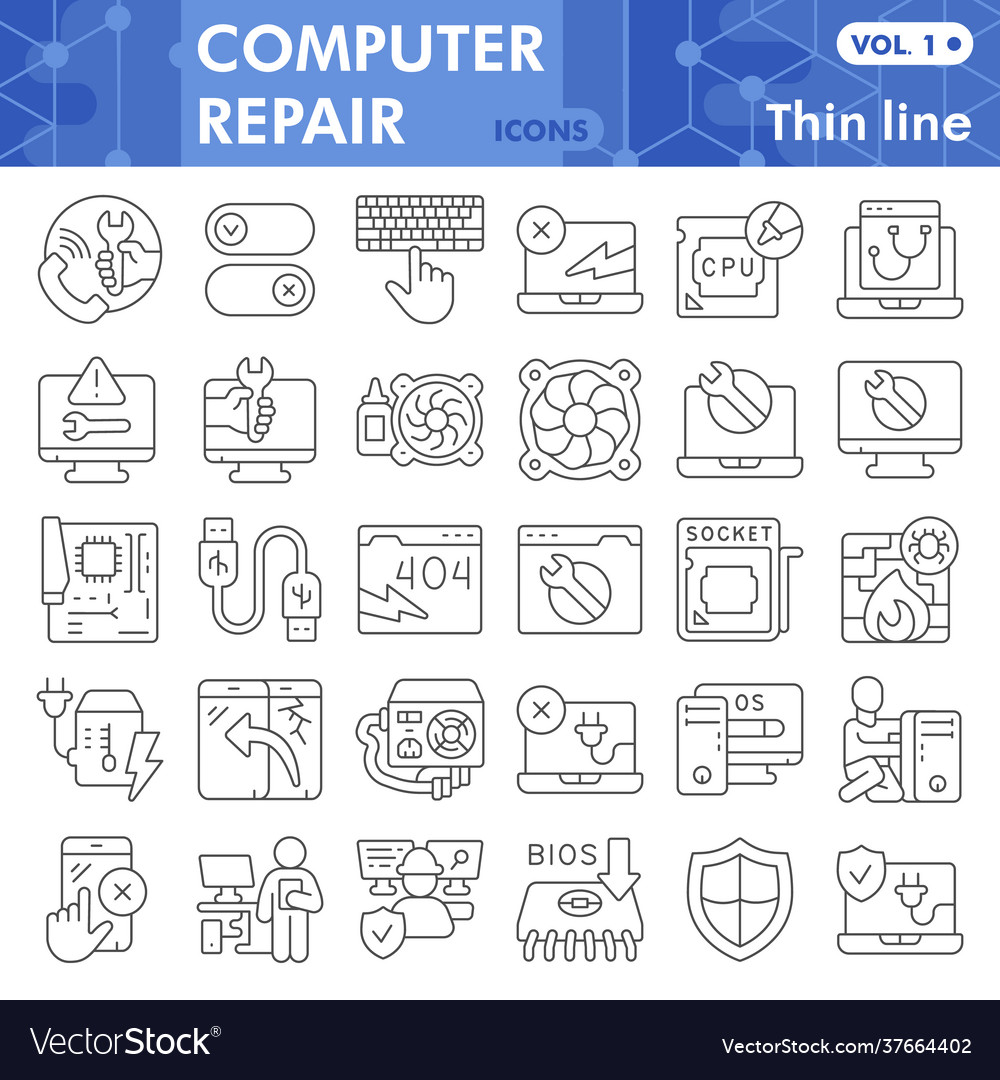 Pcrepair Thin Line Icon Set Computer Symbols Vector Image