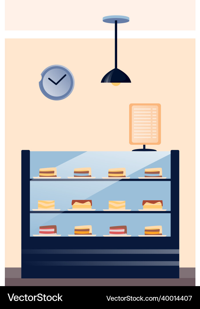 Cakes display in modern cafe cosy cafeteria Vector Image