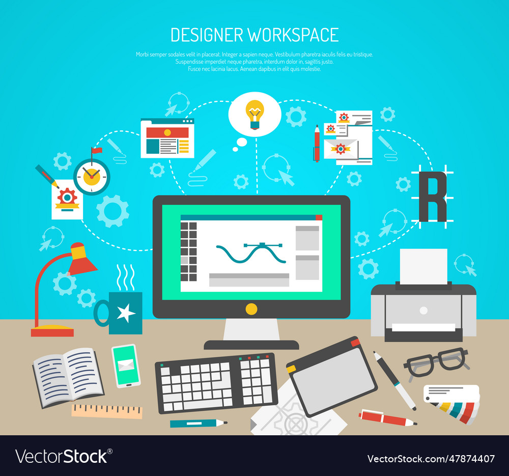 Designer workspace concept workspace Royalty Free Vector