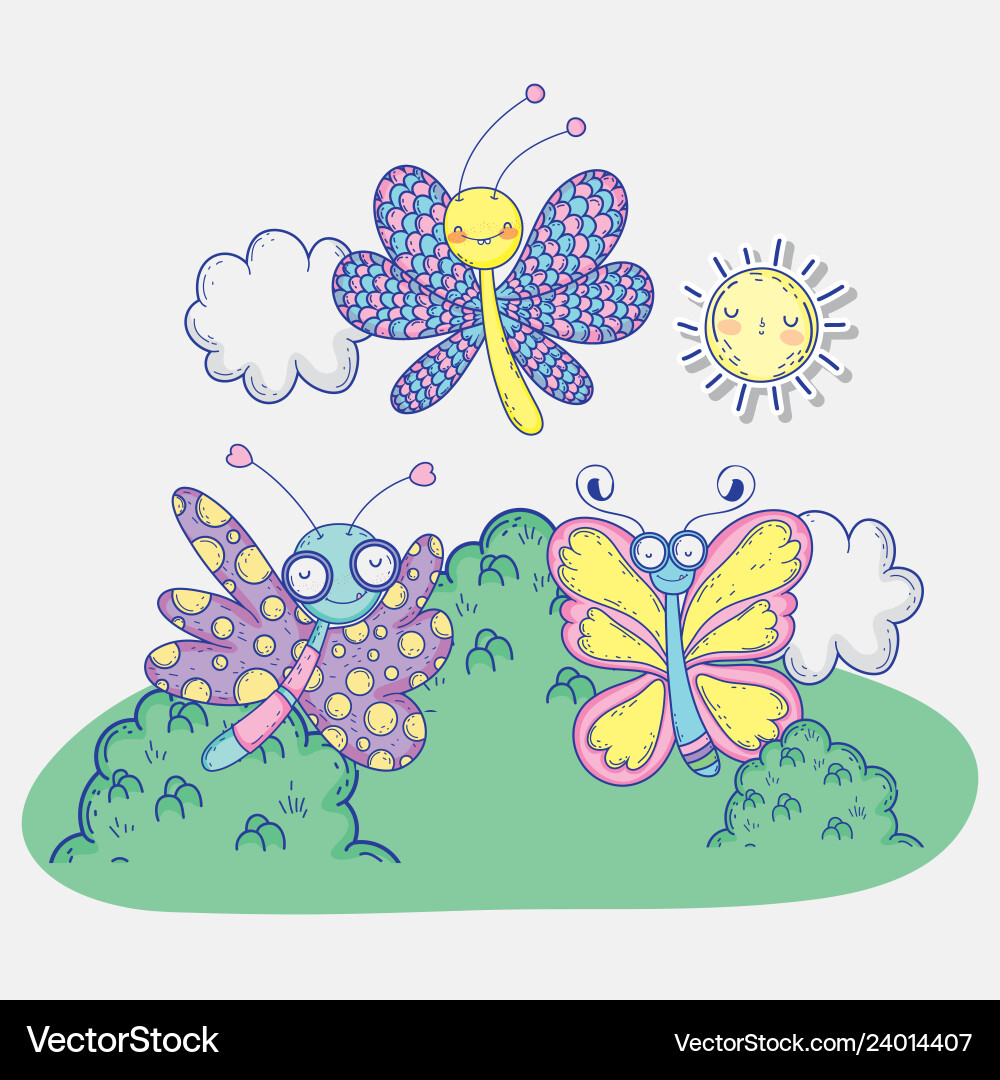 Exotic butterflies insects with sun and clouds Vector Image
