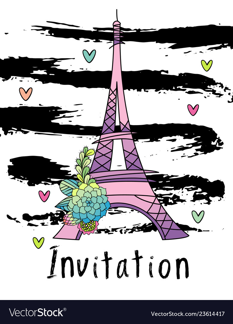 Hand drawn invitation card eiffel tower Royalty Free Vector