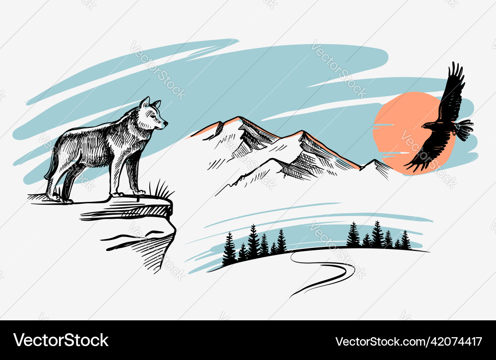 Wolf on rock in forest mountains landscape sketch Vector Image