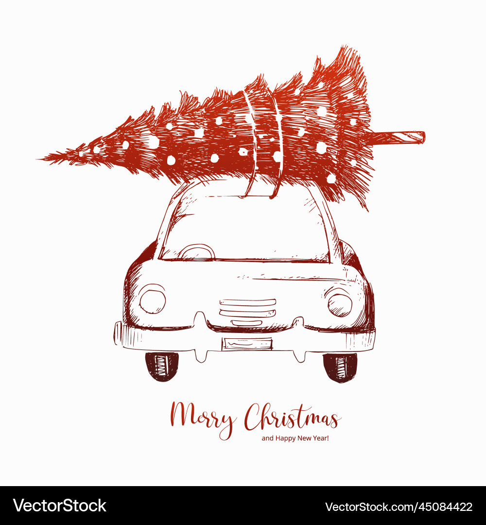 Hand draw tree delivery car sketch christmas Vector Image