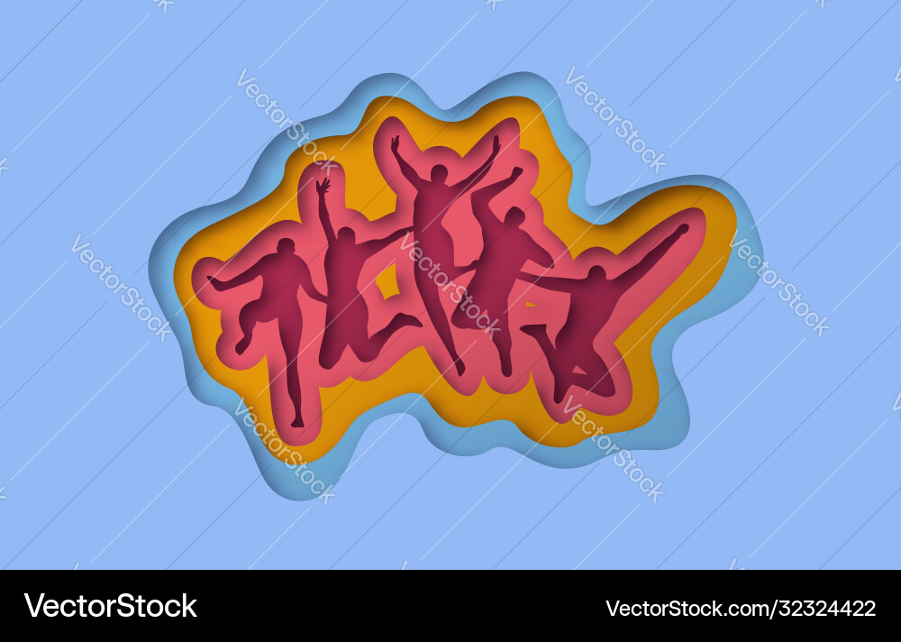 Layered papercut people group in jumping pose Vector Image