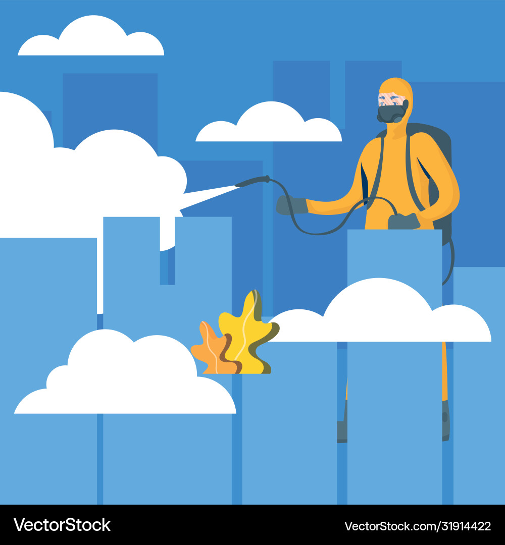 Man with protective suit spraying city Royalty Free Vector