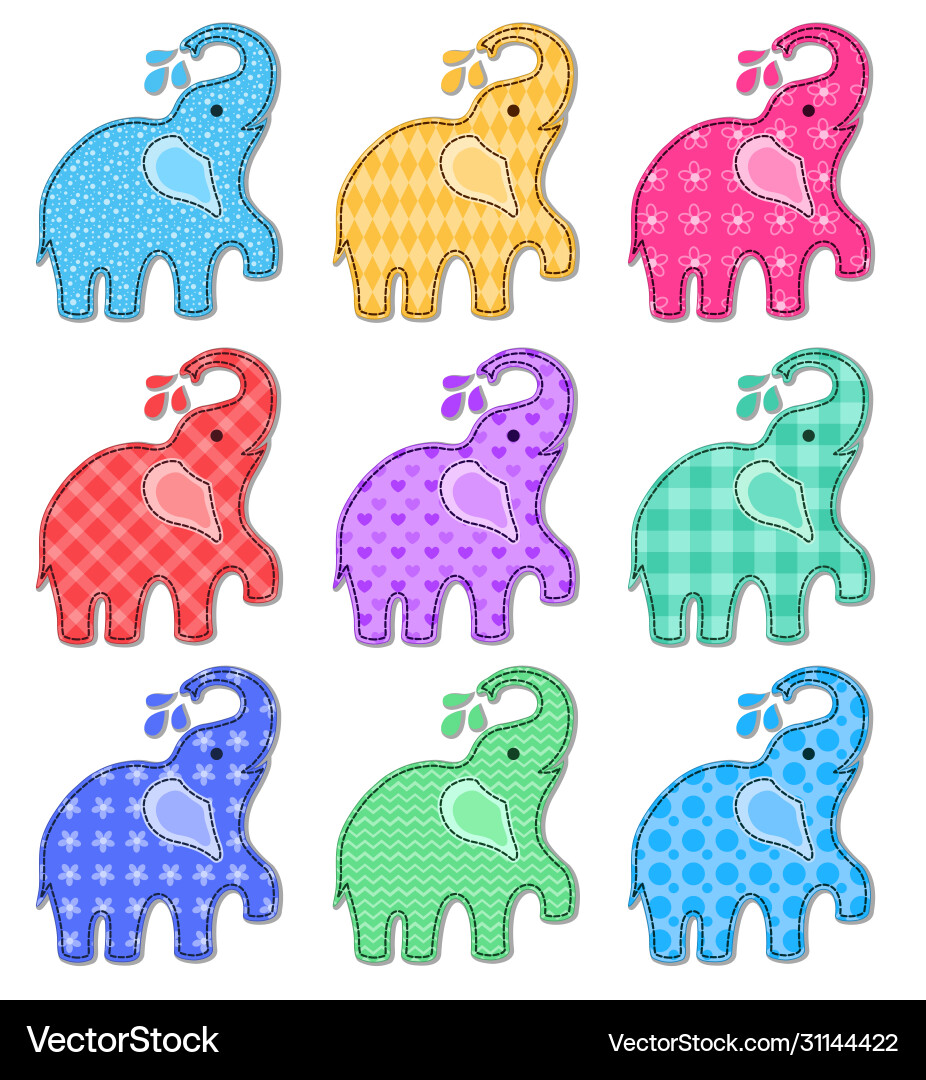 Set nine happy color elephants Royalty Free Vector Image