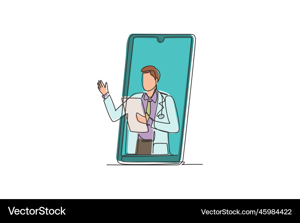 Single continuous line drawing male doctor comes Vector Image