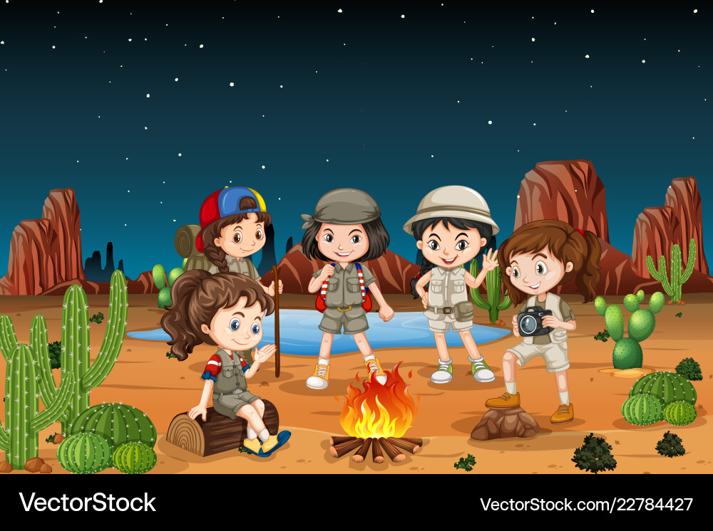 Group children camping in desert Royalty Free Vector Image
