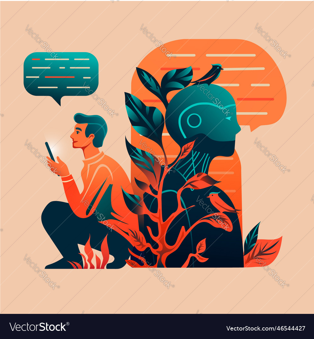 Man communicating with robot communicating Vector Image