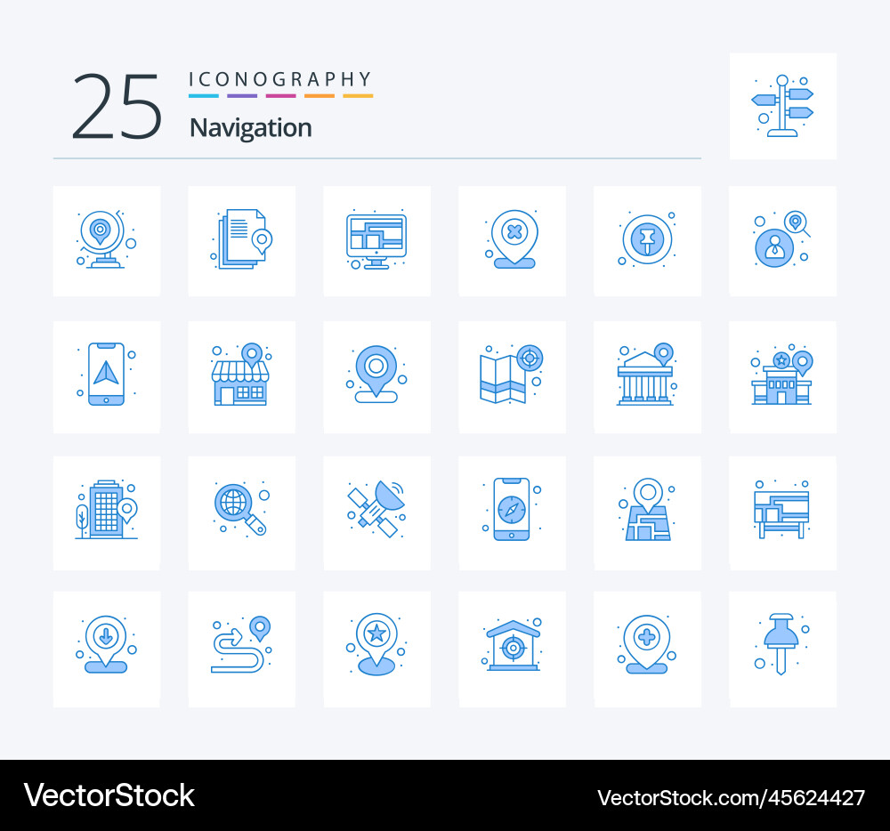 Navigation 25 blue color icon pack including pin Vector Image