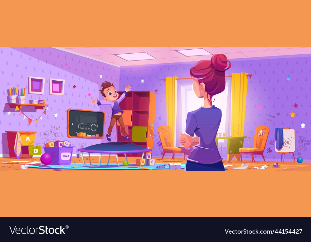 Woman looks at messy kids room and boy Royalty Free Vector