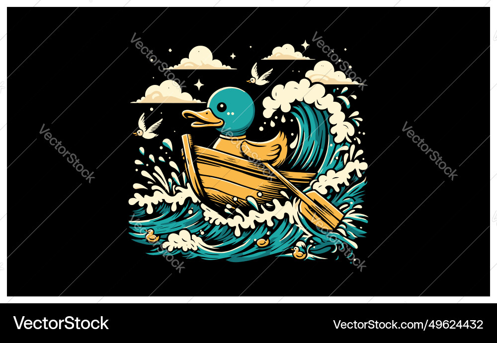 Duck riding boat on sea artwork design Royalty Free Vector