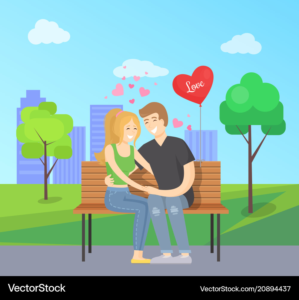 Love concept merry couple sits bench Royalty Free Vector
