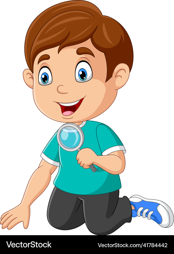 Cartoon little boy using a magnifying glass Vector Image
