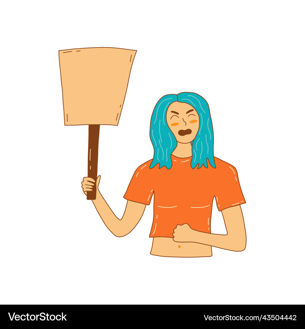 Protesting girl screams holding banner Royalty Free Vector