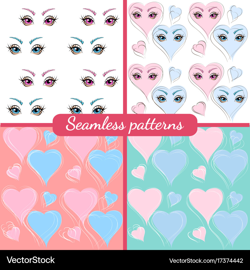 Set of patterns beautiful eyes and hearts Vector Image