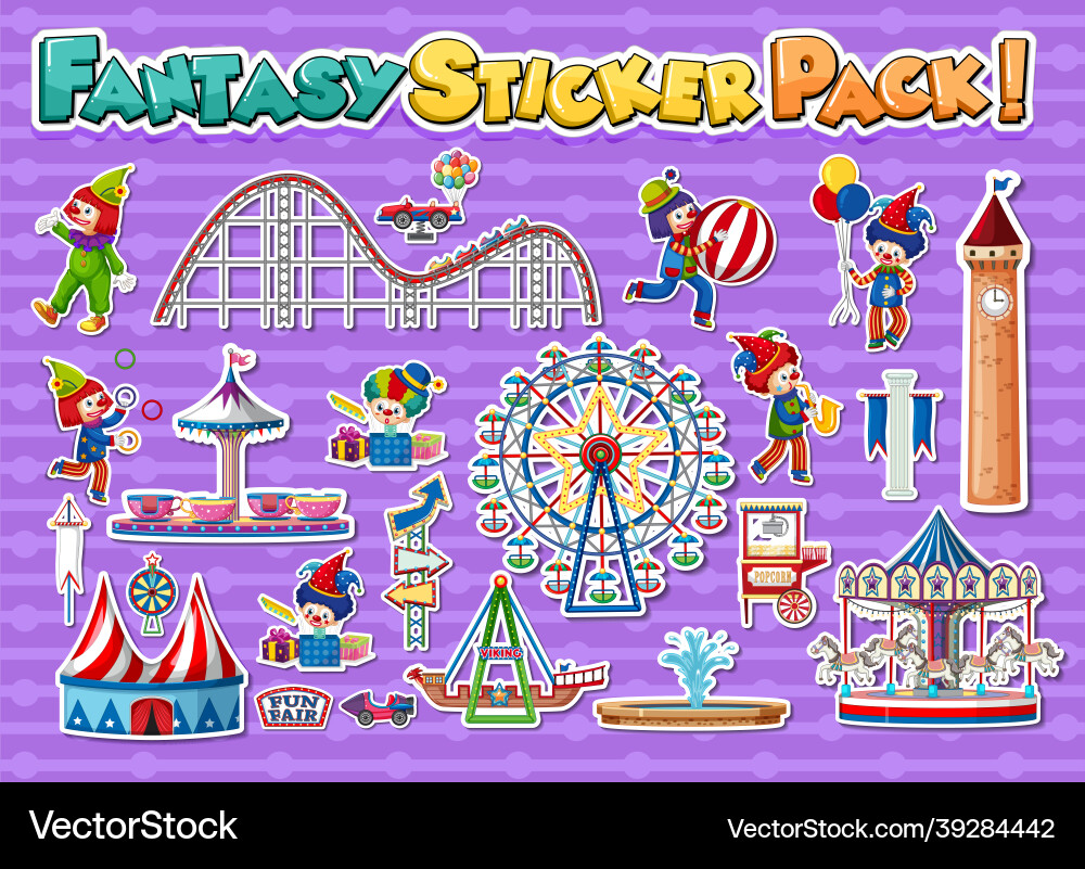Sticker set with amusement park and funfair Vector Image