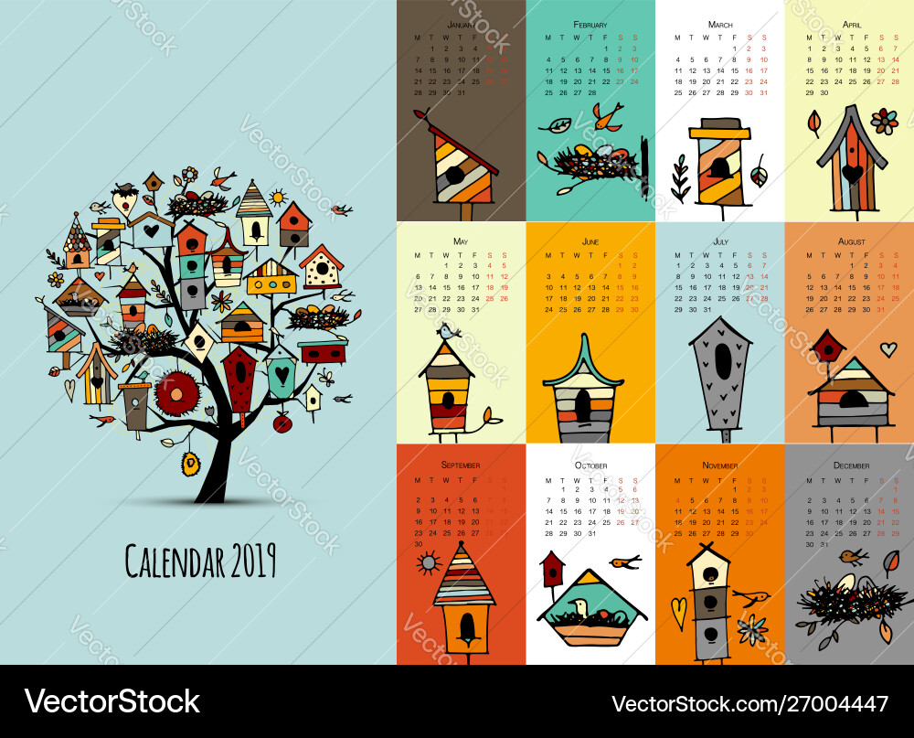 Birdhouses on tree calendar 2019 design Royalty Free Vector