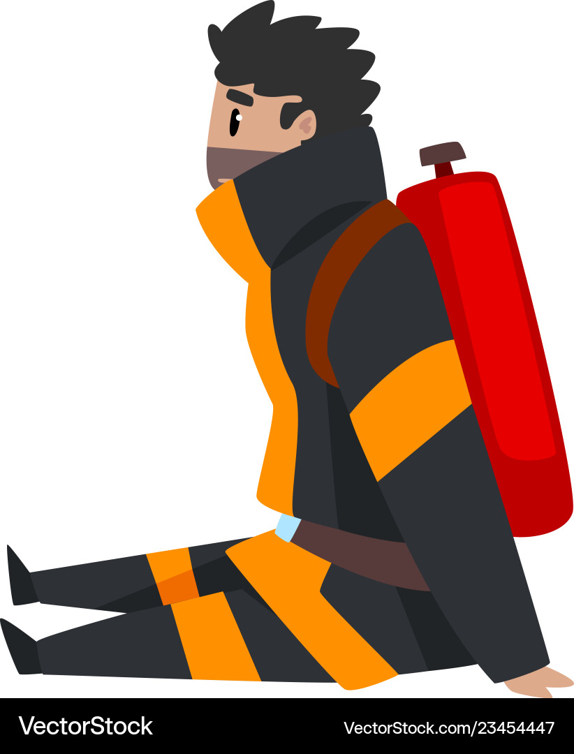 Tired fireman sitting on the floor firefighter Vector Image