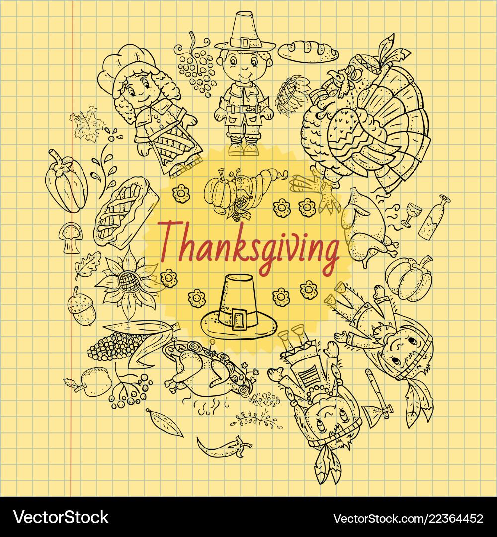 Children drawing style thanksgiving day doodle Vector Image