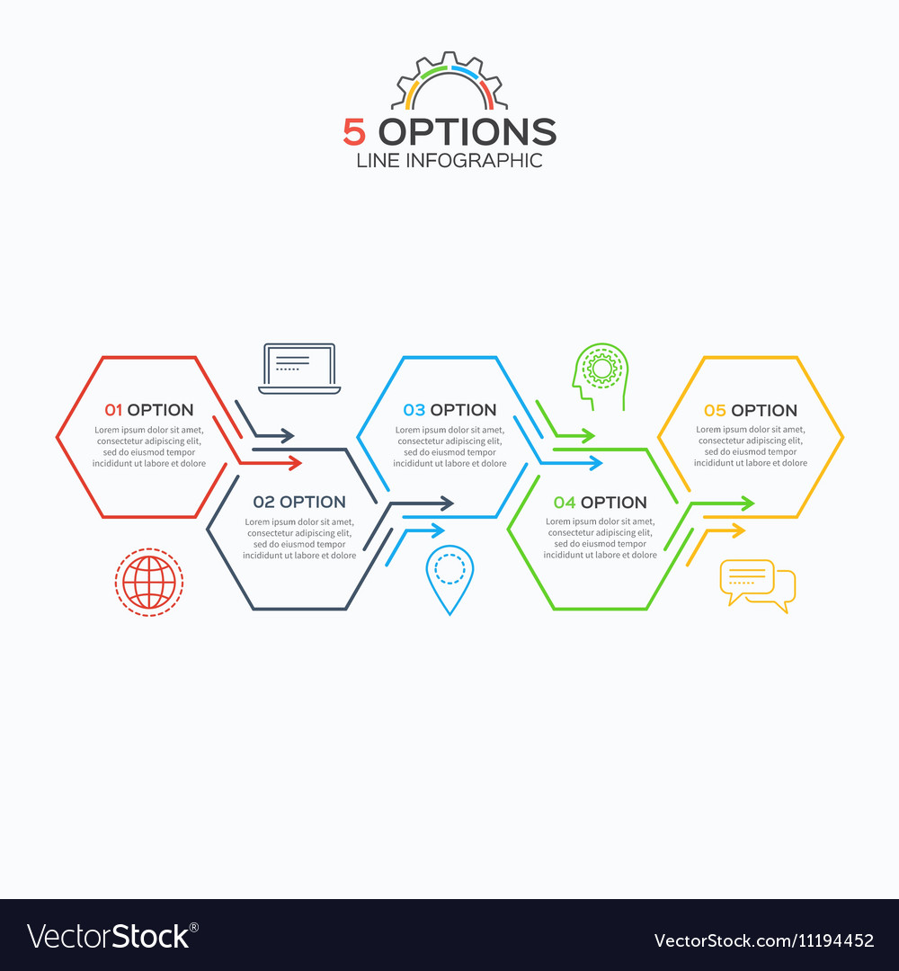 Line infographic template with 5 hexagons options Vector Image Line infographic template with 5 hexagons options Vector Image
