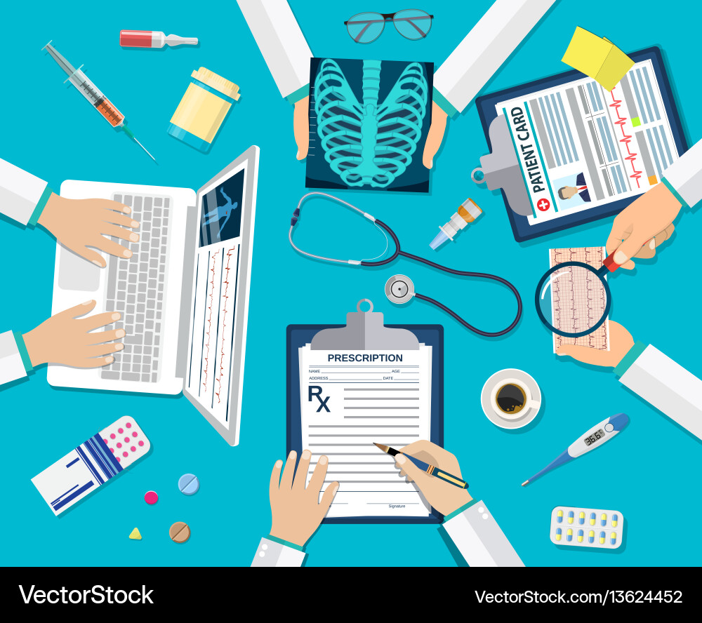 Medical team doctors at desktop Royalty Free Vector Image