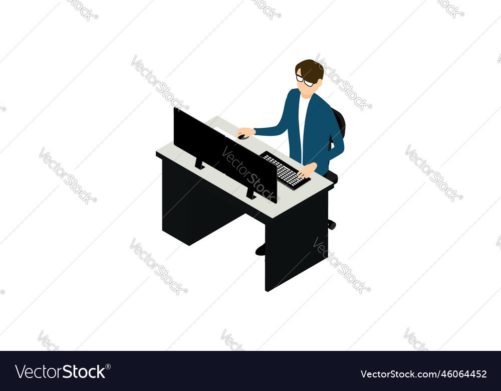Person who works on a personal computer with dual Vector Image