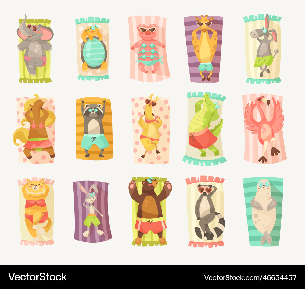 Animal cartoon characters sunbathing Royalty Free Vector