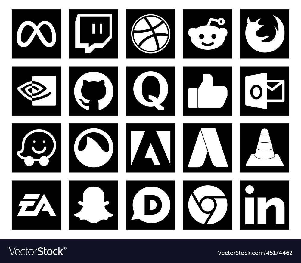 20 social media icon pack including vlc adobe Vector Image