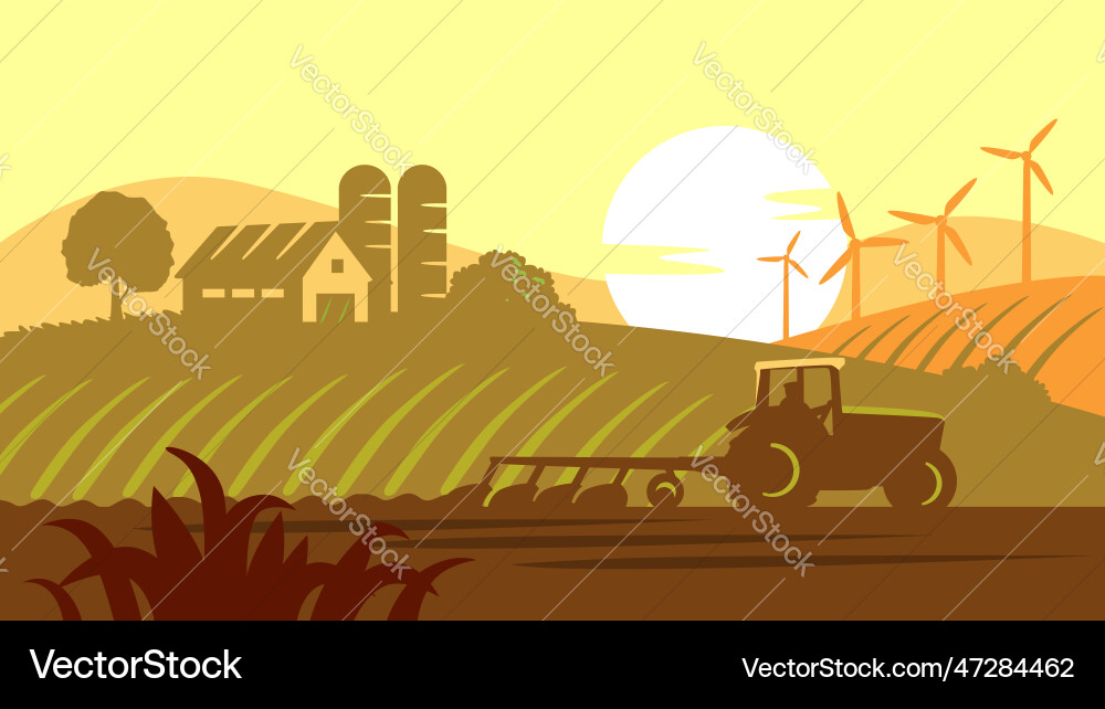 Agriculture farm with tractor barn and fields Vector Image