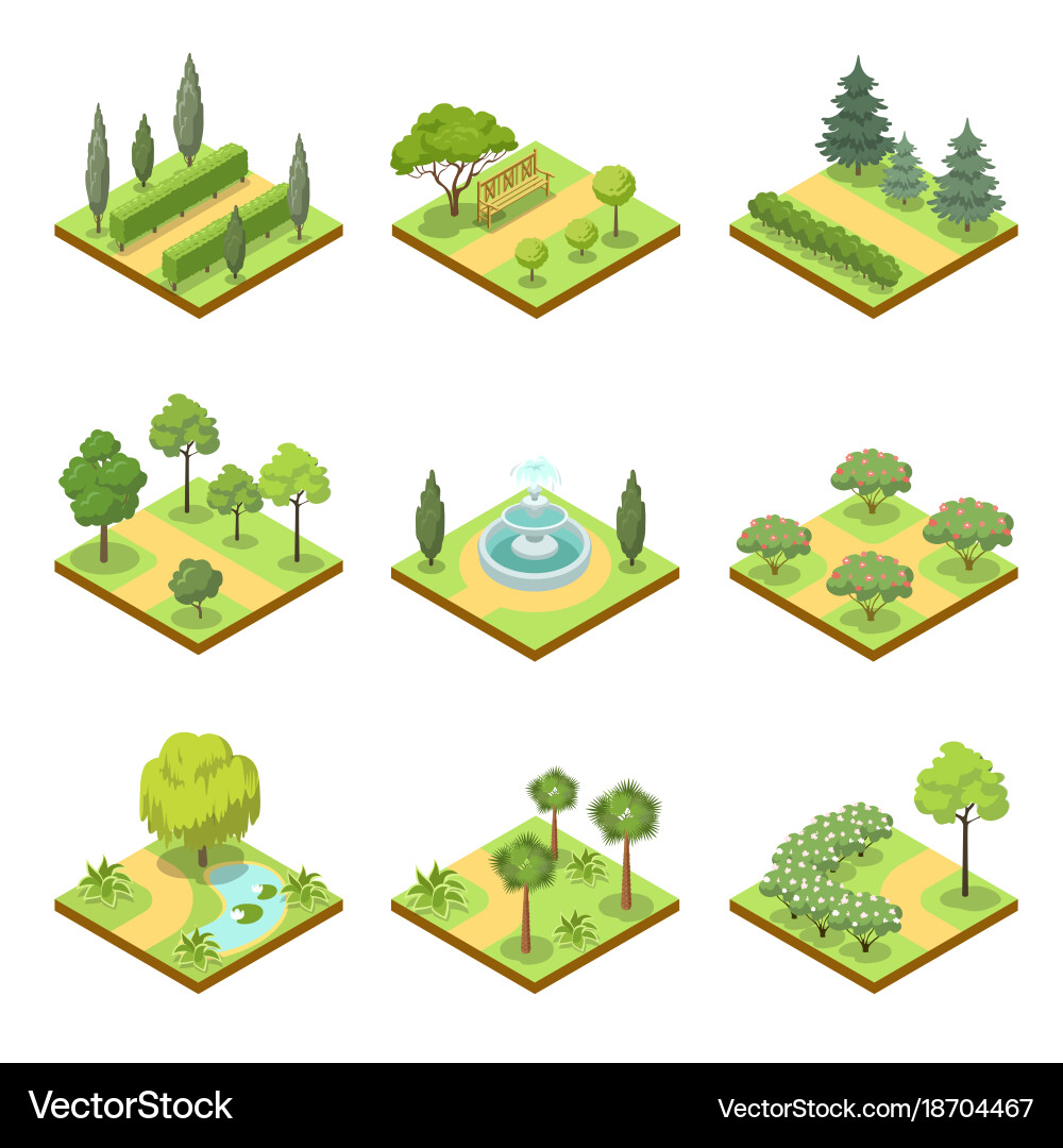 Public park landscapes isometric 3d set Royalty Free Vector