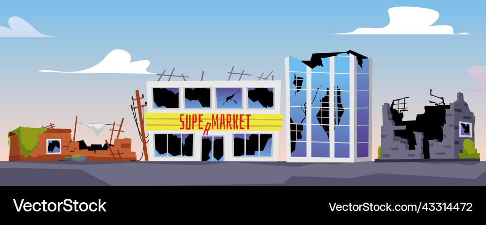 Destroyed city ruined buildings with broken Vector Image
