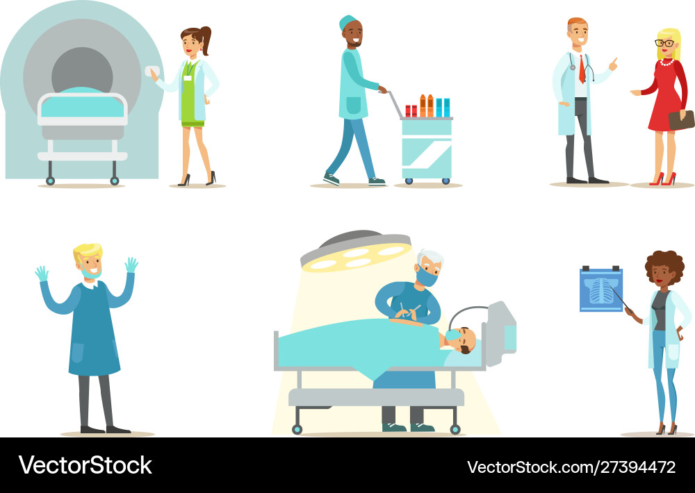 Doctors examining and treating patients set Vector Image