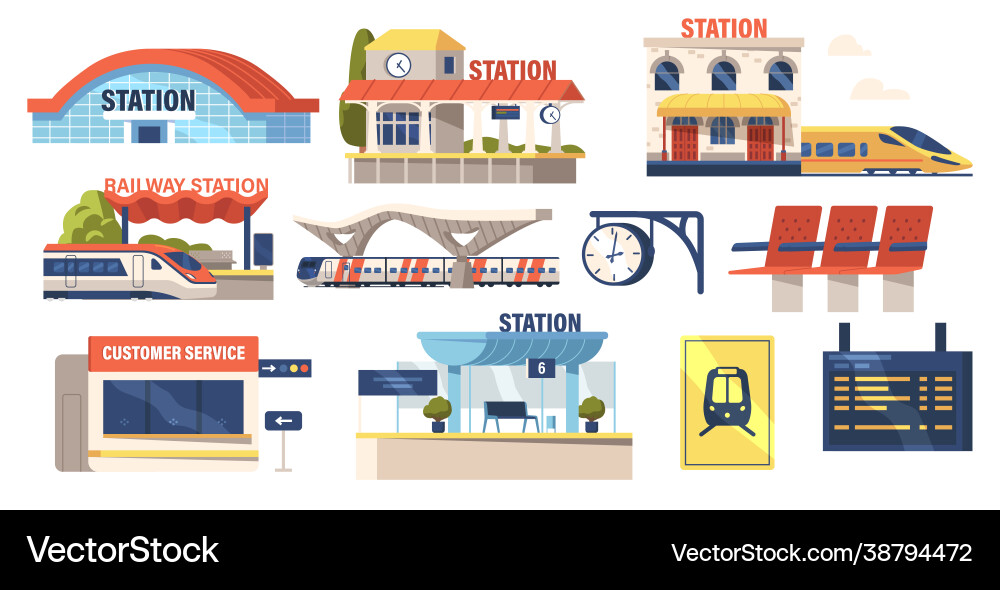 Set icons railway station building plastic Vector Image