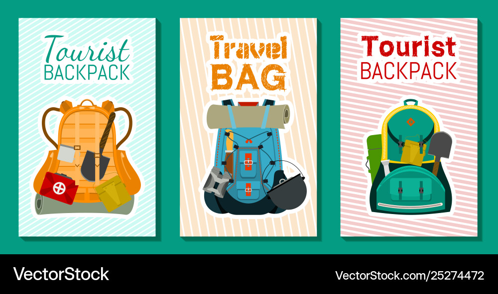 Tourist camping backpack set banners cards Vector Image