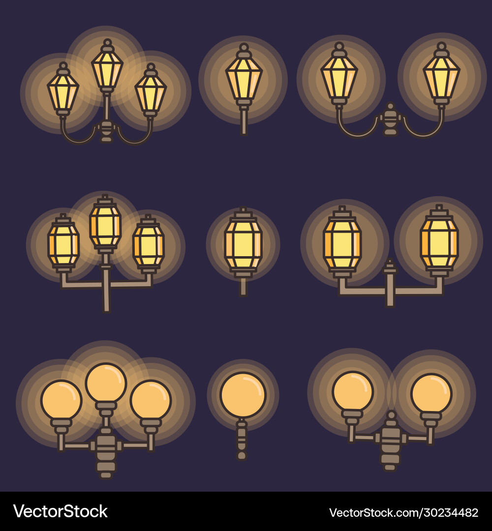 Set nine lamps shining in darknes Royalty Free Vector Image