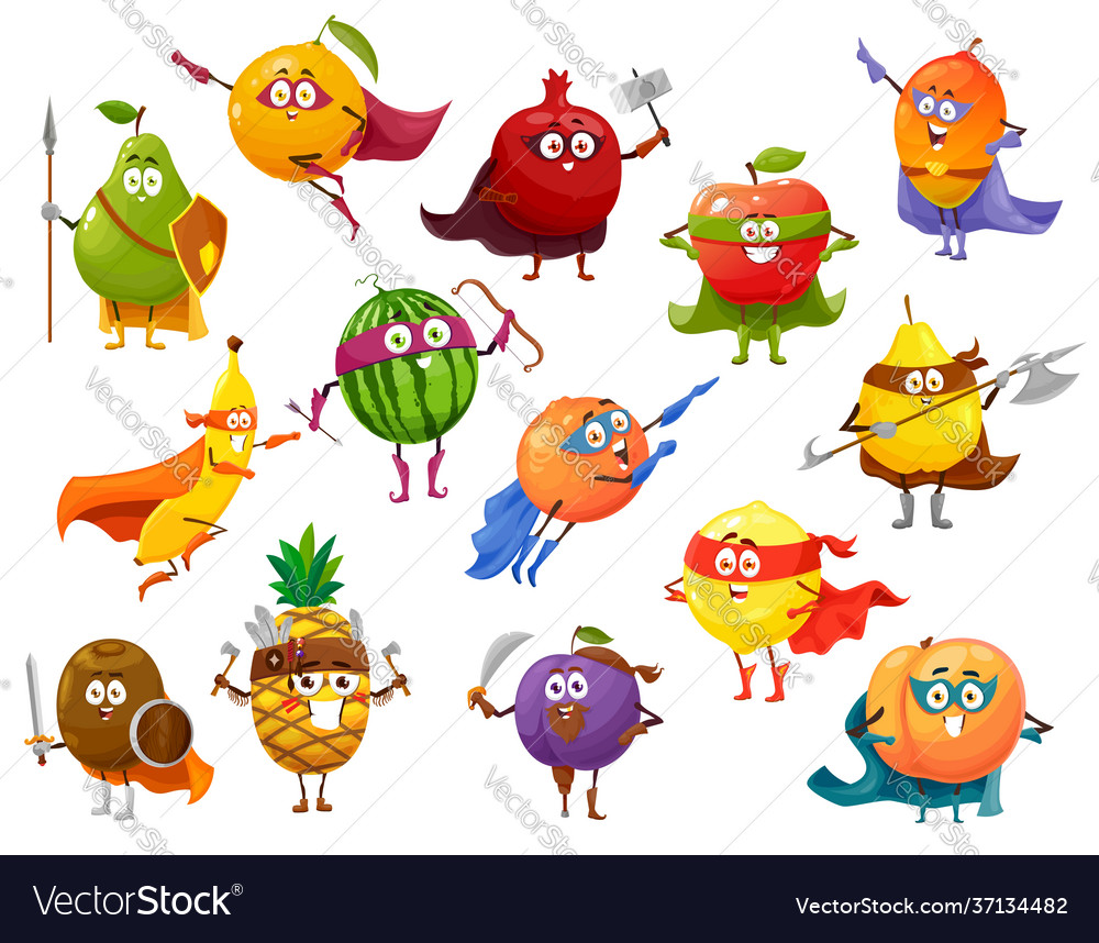 Superhero fruit cartoon characters set super food Vector Image