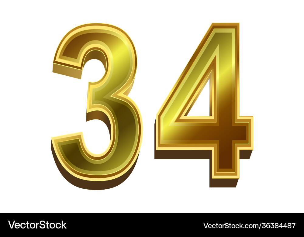 3d golden number 34 isolated on white background Vector Image