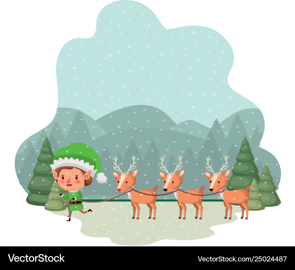 Elf with reindeer and christmas trees falling Vector Image